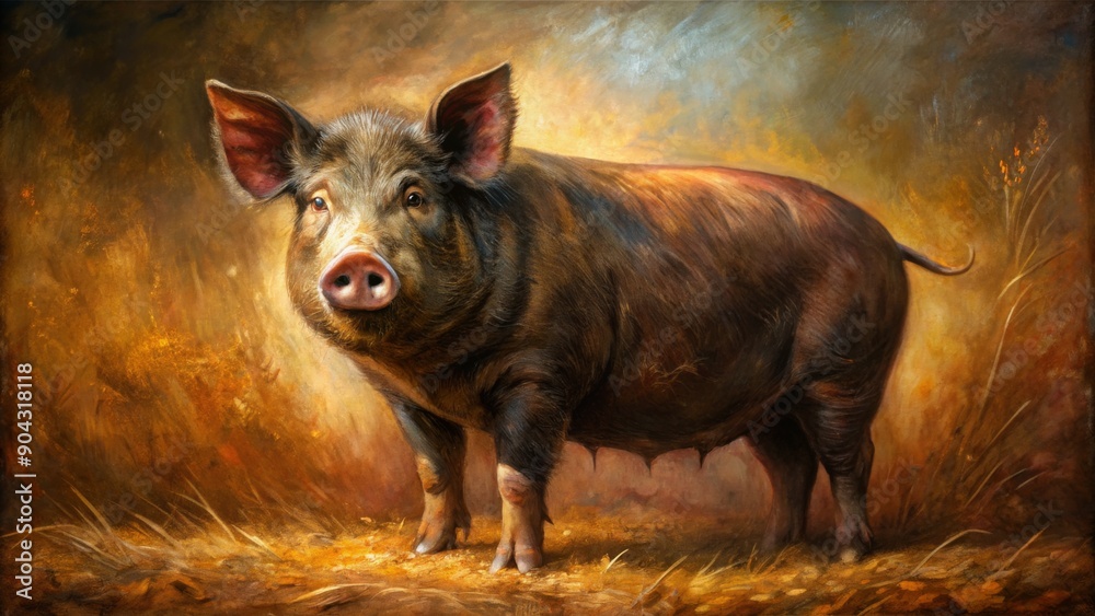 The Inquisitive Hog A Detailed Oil Painting of a Black Pig in a Golden ...