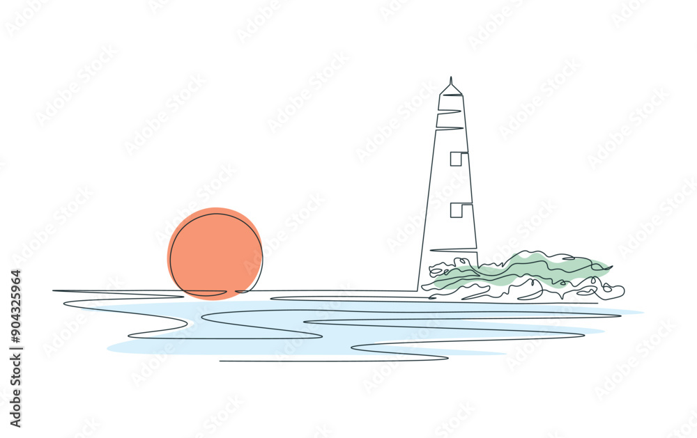 Drawing lighthouse with single continuous line. Sea shore. Rocky shore ...