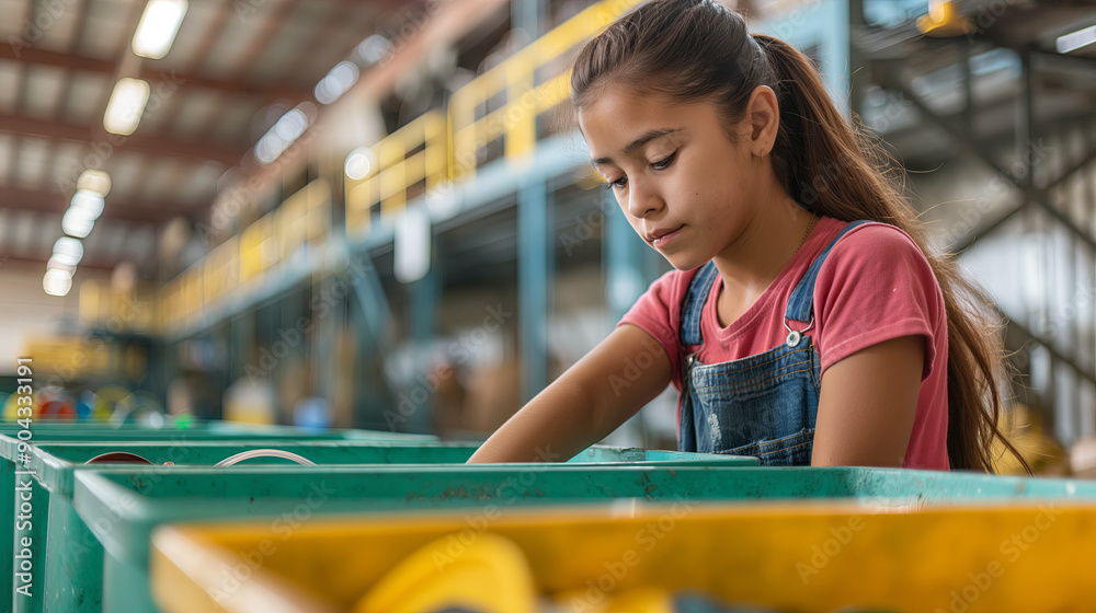 Young Girl Working in a Factory Environment Sorting Objects Stock Photo ...