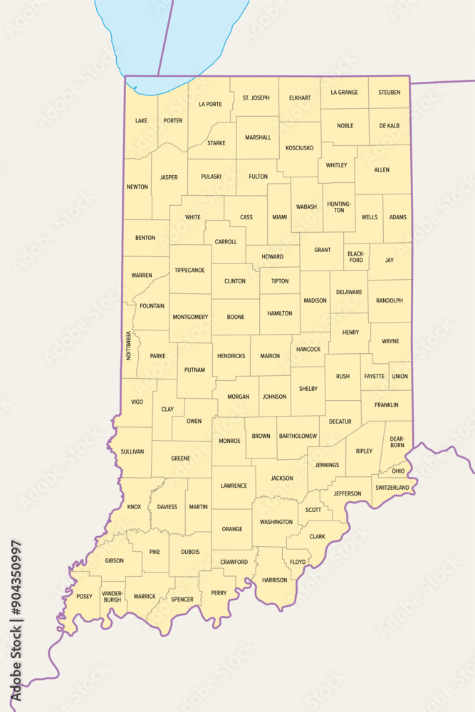 Indiana counties, political map. State in the Midwestern region of the ...