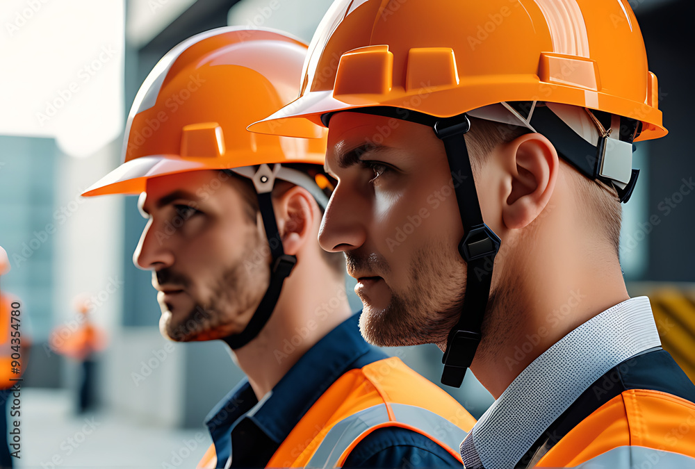 builders orange helmets shown profile serious expressions emphasizing ...