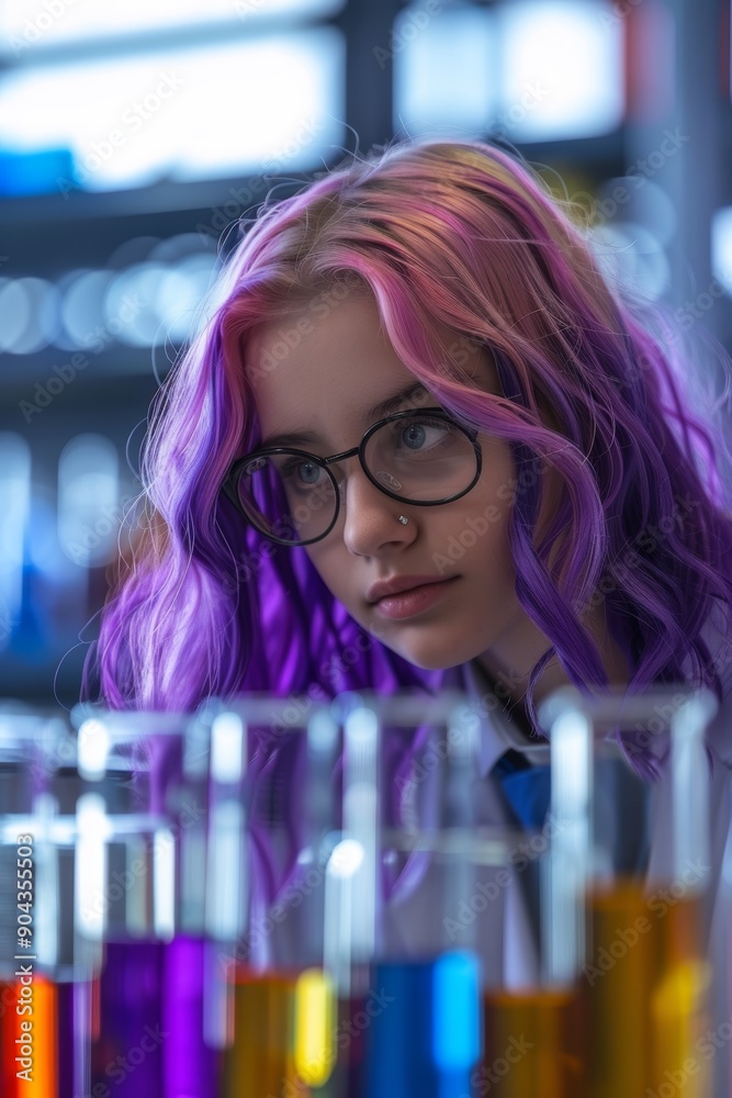 Violet Haired Schoolgirl Conducting Science Experiment with Test Tubes ...