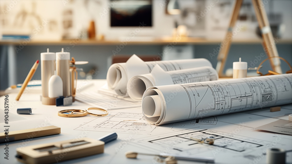 Architectural blueprints and drafting tools organized on a desk in an ...