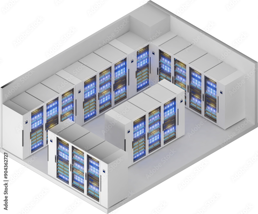 Isometric view of a small size server room,Data Center With Multiple Rows of Fully Operational ...