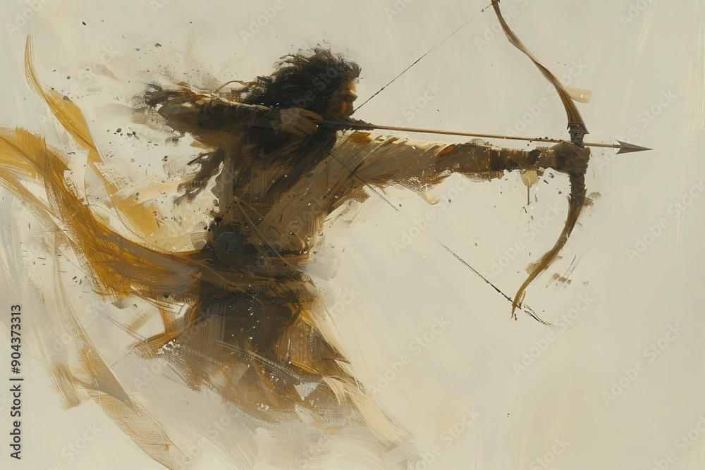 Watercolor illustration of a medieval english archer drawing bow ...