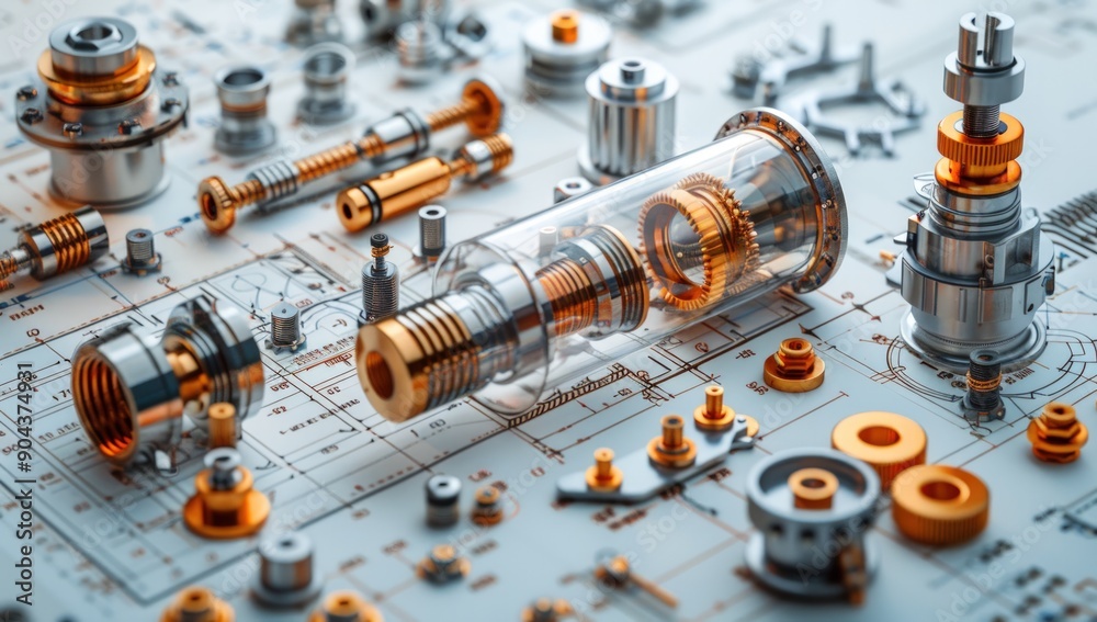 A detailed photo of various mechanical parts and blueprints in ...