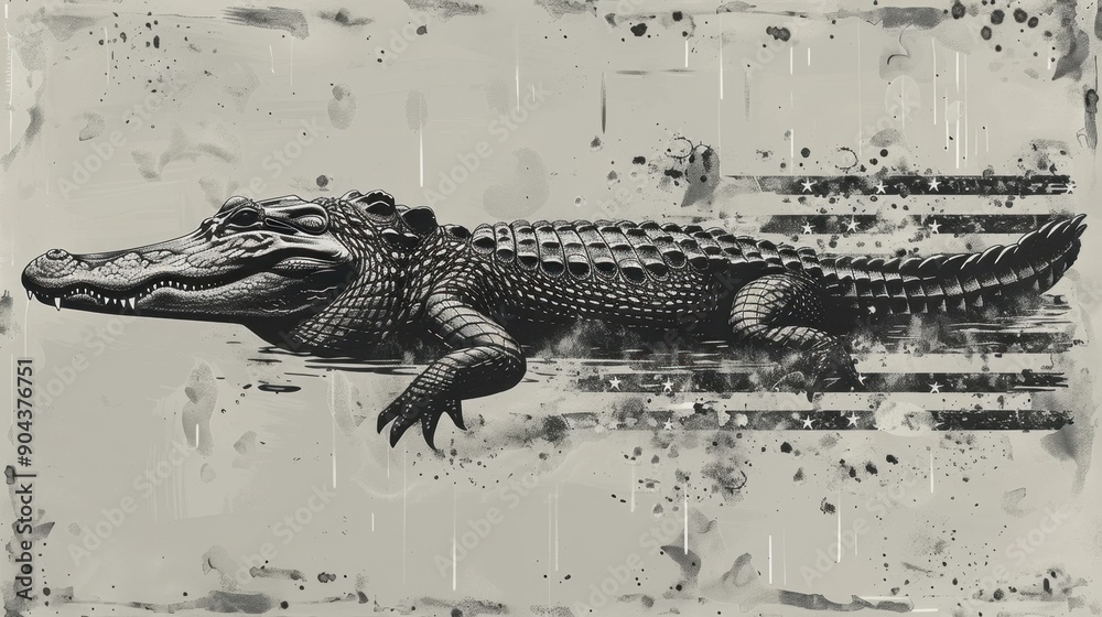 Monochromatic art featuring a detailed illustration of an alligator ...