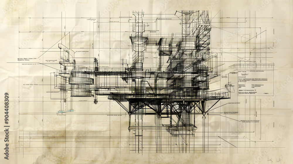 Detailed Engineering Blueprint Illustrating Complex Mechanical and ...
