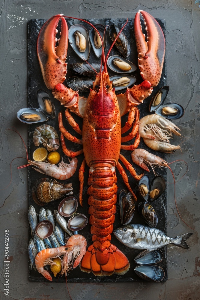 Whole lobster with seafood, crab, mussels, prawns, fish, salmon steak ...