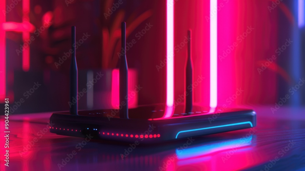 Red futuristic modem and router setup with illuminated LED panel and ...