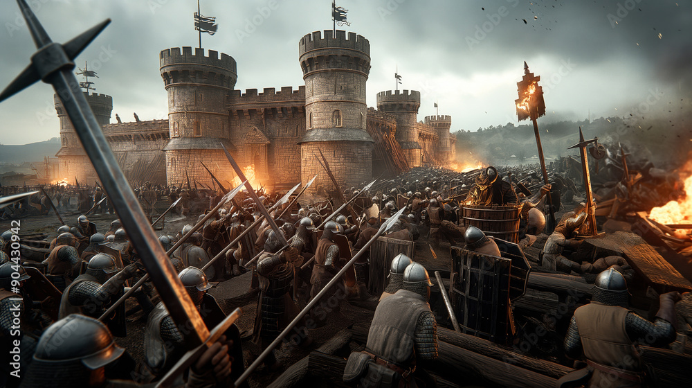 Medieval soldiers in armor with weapons are besieging a castle. The ...