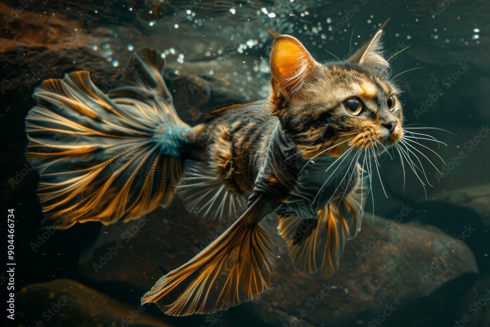 A realistic image of a cat swimming underwater with lifelike fish fins ...