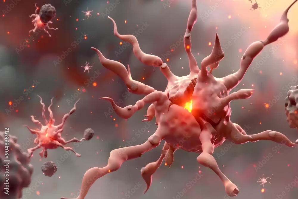 Red neuron firing in vivid detail, showcasing synaptic transmission and ...
