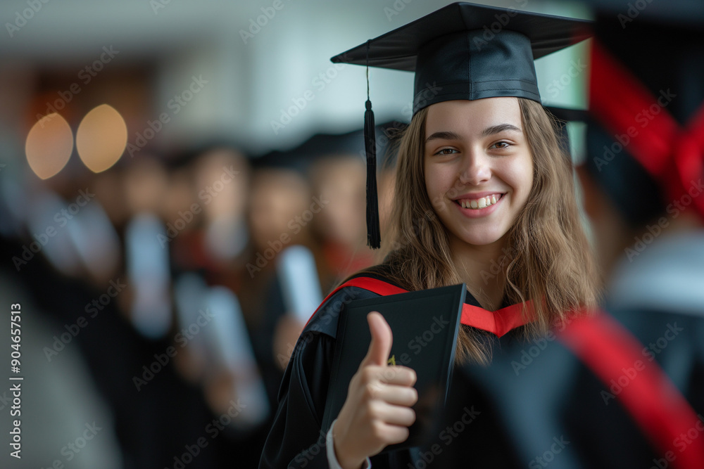 Young girl graduate thumb up, holding her diploma with pride, smiling ...