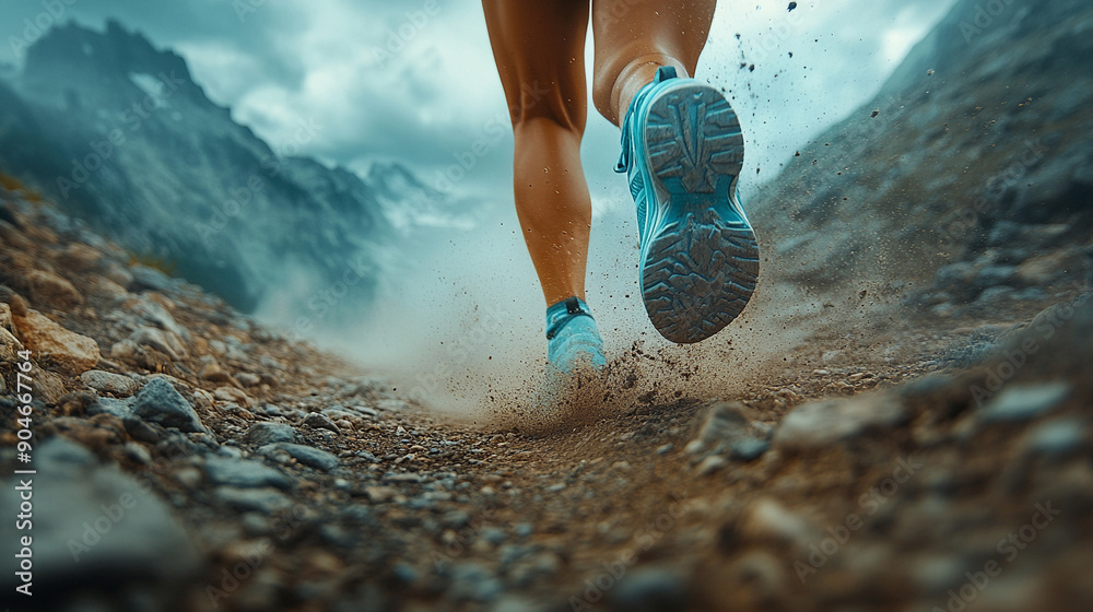 dynamic trail runner strides confidently on rugged terrain, showcasing ...