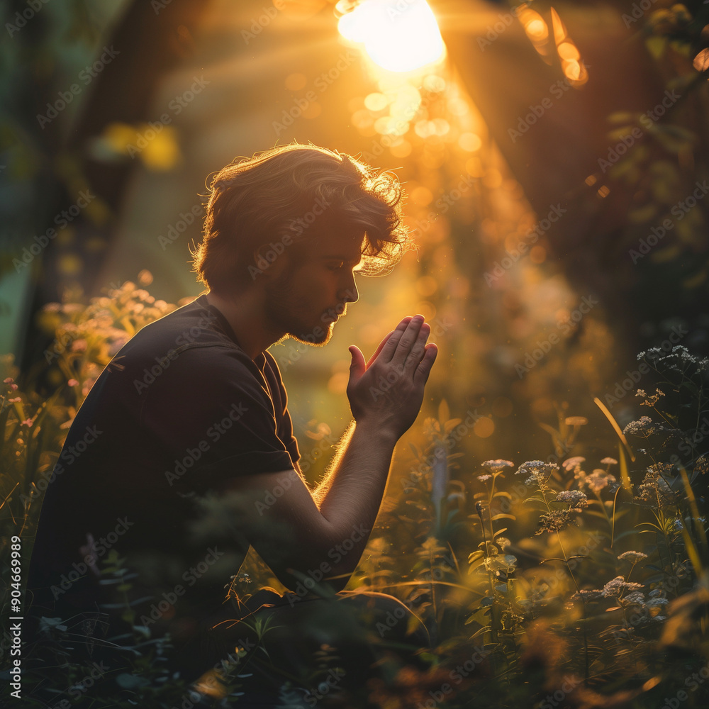 Man praying with his hands clasped, humble male person, guy kneeling ...