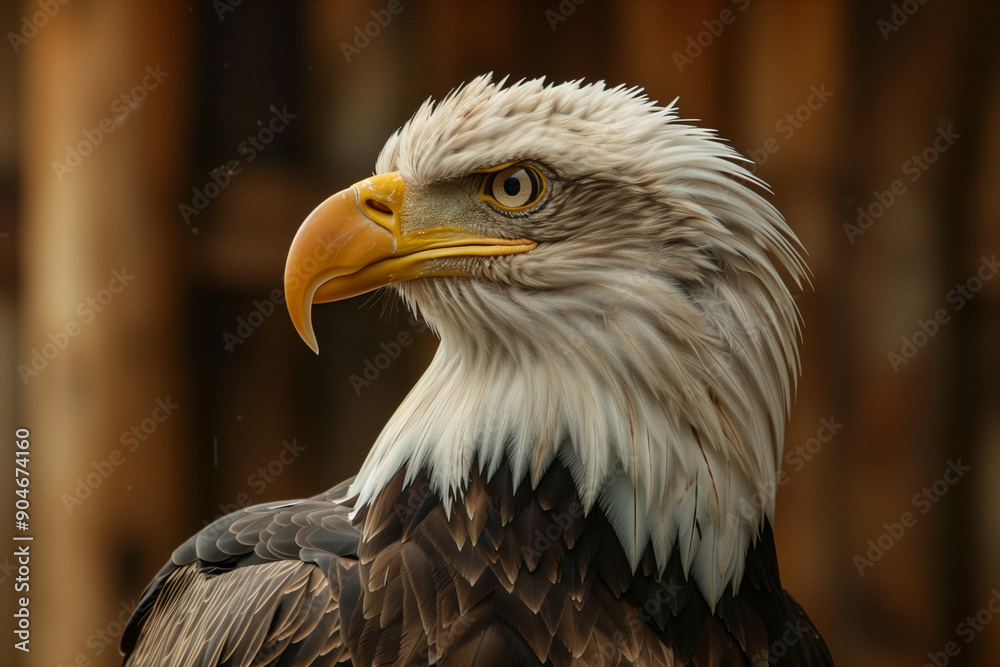 bald eagle with a yellow beak and yellow eyes. The eagle is looking ...