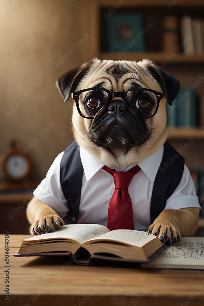 pug reading in classroom library education back to school concept Stock ...