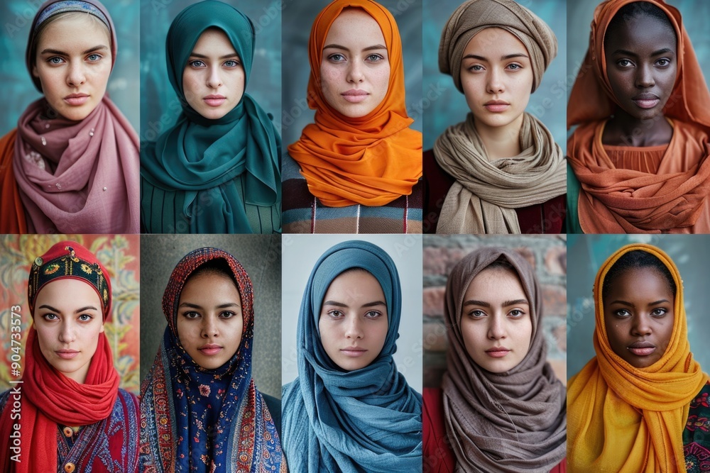 Portraits of beautiful women of different nationalities. Girls in hijab ...