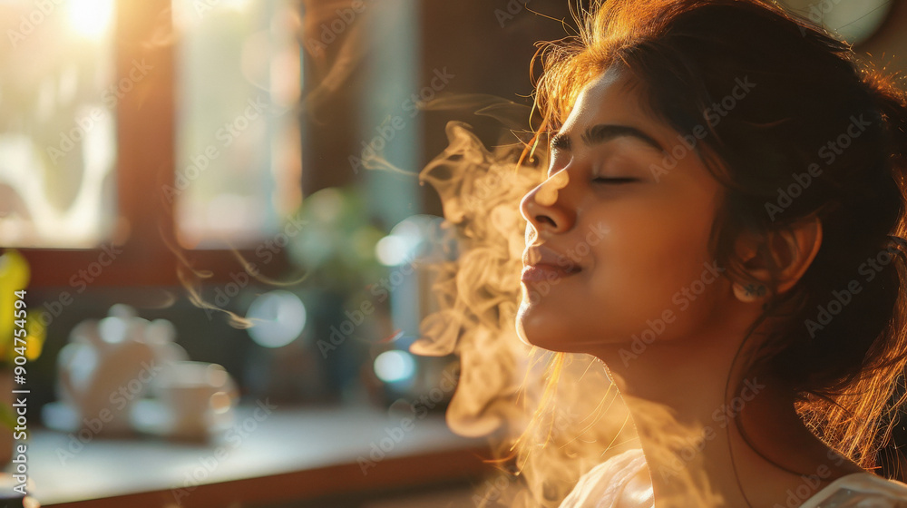Young indian woman, formal dress in the kitchen, in the morning. The ...