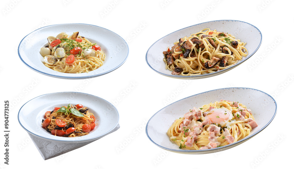 seafood pasta with big tiger prawn, scallop shell clam and mushroom in ...