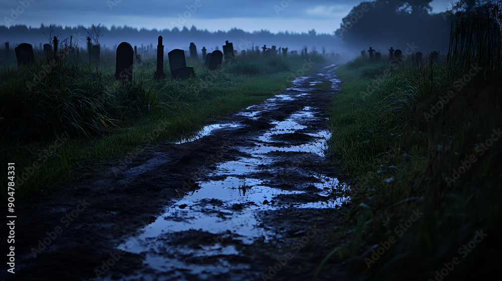 muddy night path in a spooky abandoned cemetery graveyard at night dark ...
