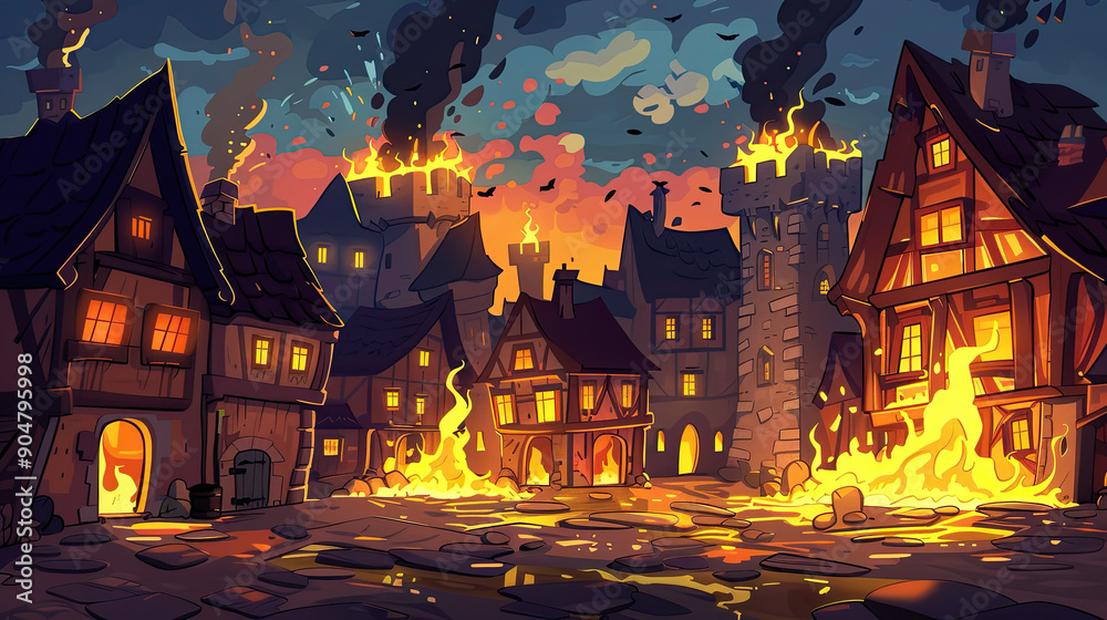 City in fire, war destroy, abandoned burning broken buildings with ...