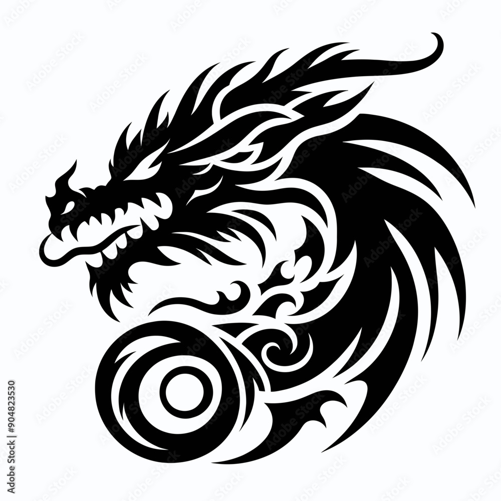 very simple and single dragon head silhouette white background, dragon ...