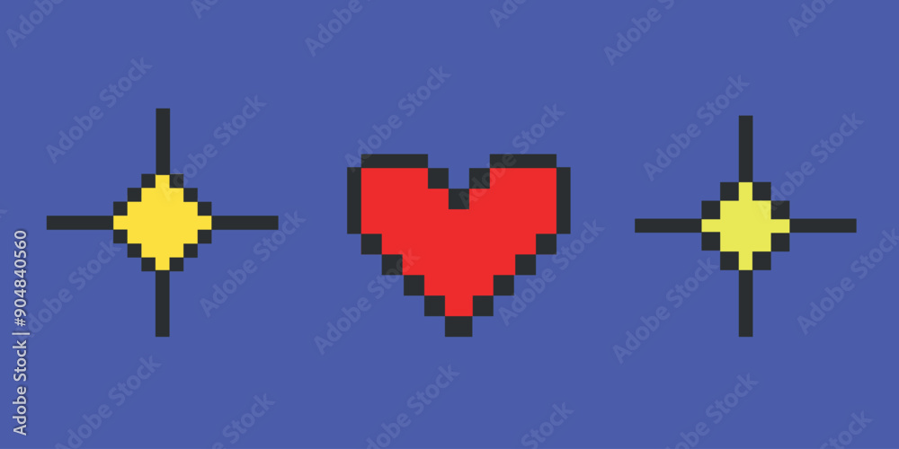 set of y2k retro pixel element for 8bit computer game. pixel star, heart. vector illustration ...
