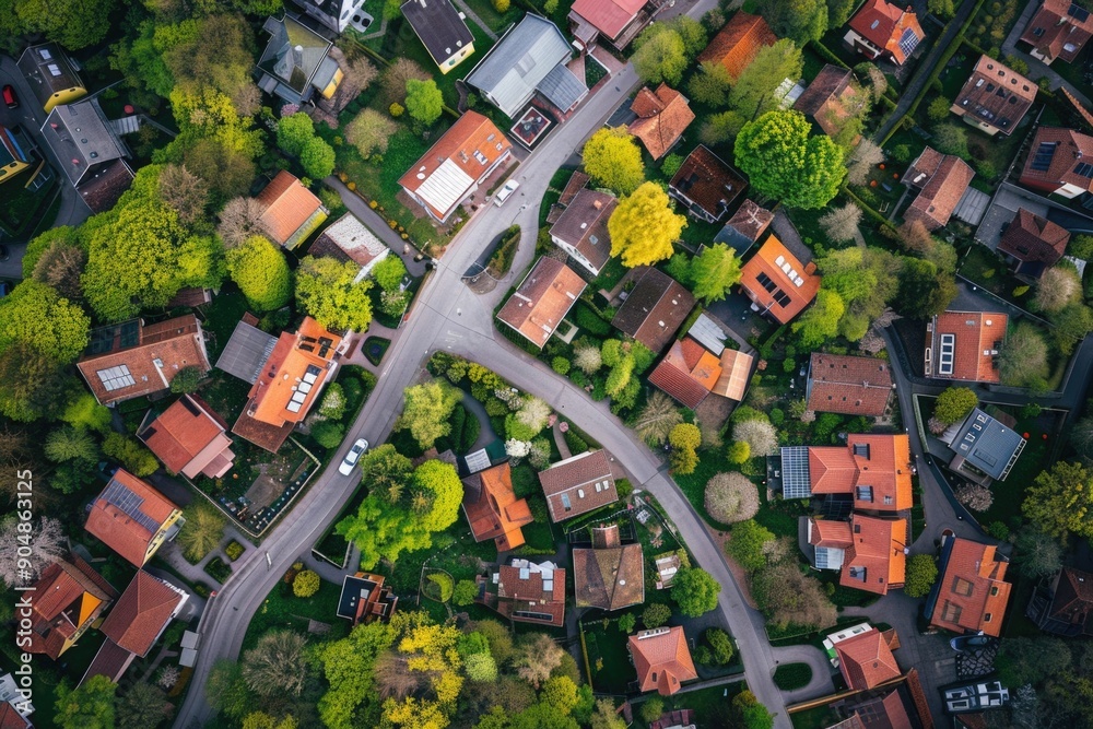 Aerial View of Springtime German Village with Lush Greenery and Red ...