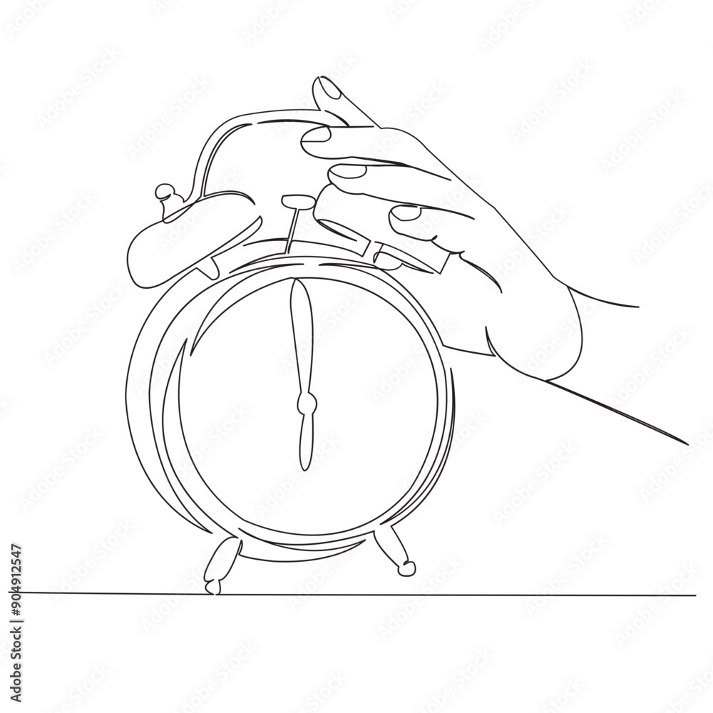 One continuous single drawn line art doodle hand, morning, alarm, clock ...