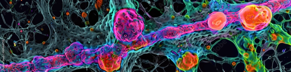 Neuron cell body in false color transmission electron microscope TEM ...