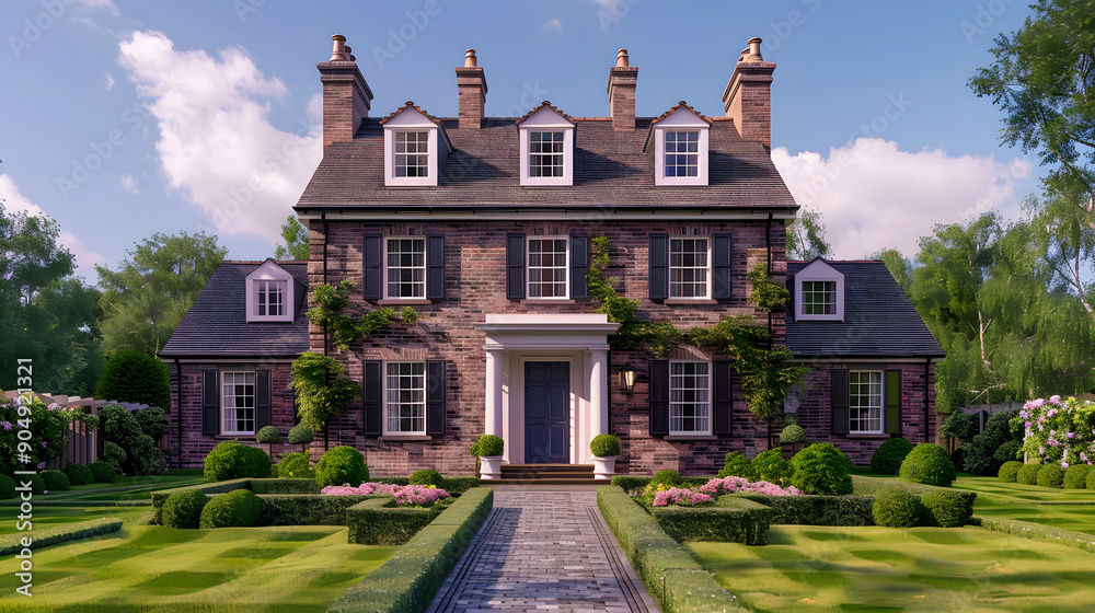 A Georgian style family house exterior with roof tiles and dormer ...