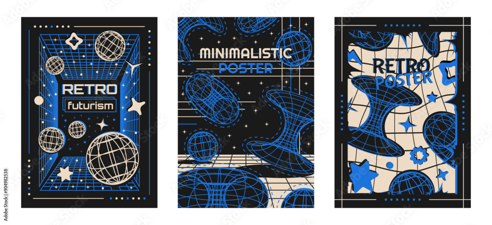 Set of retro-futuristic posters with abstract shapes and 3D wireframes in y2k style. Vector ...