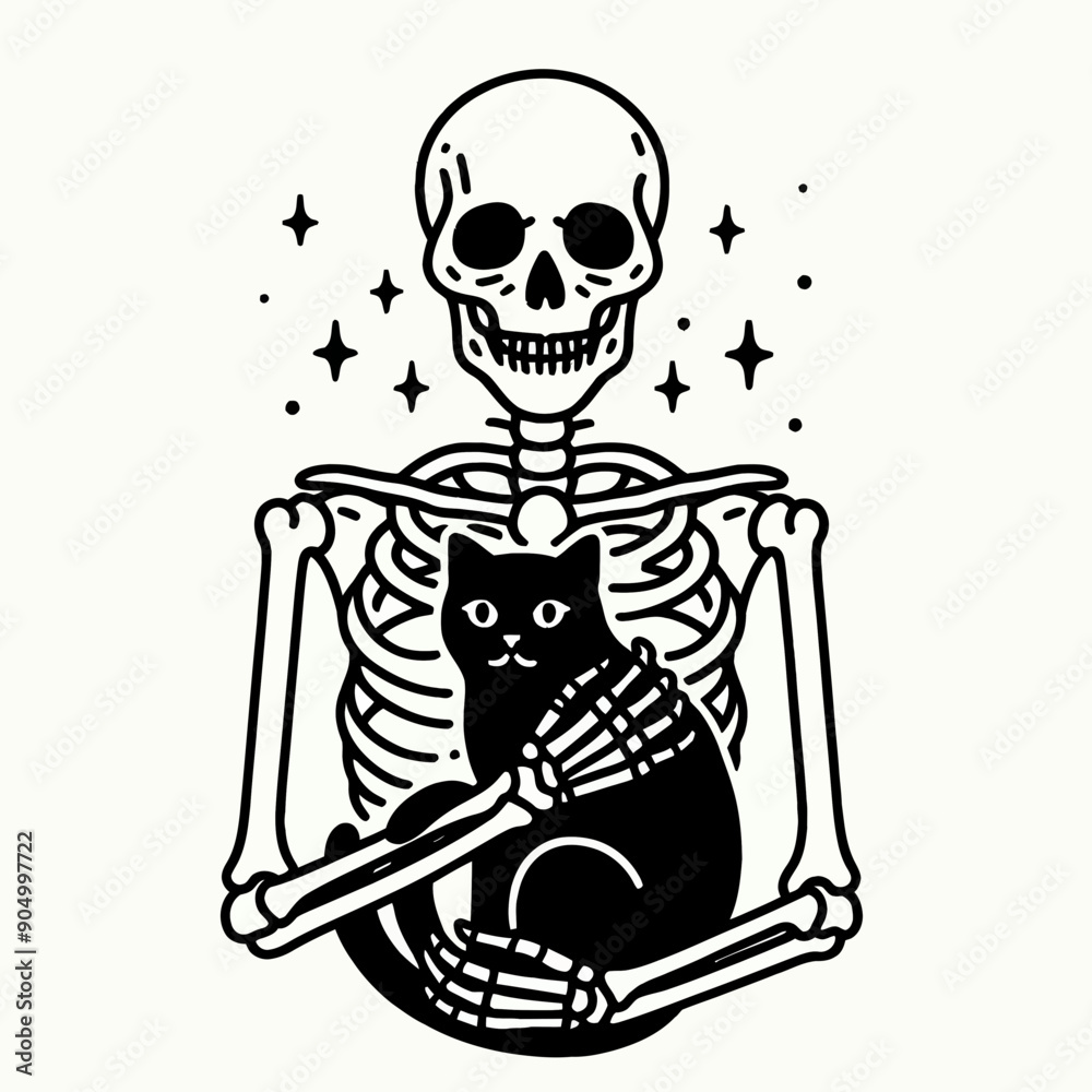 Skeleton holding a black cat Silhouette Cute Doodle Cartoon Line Art ...