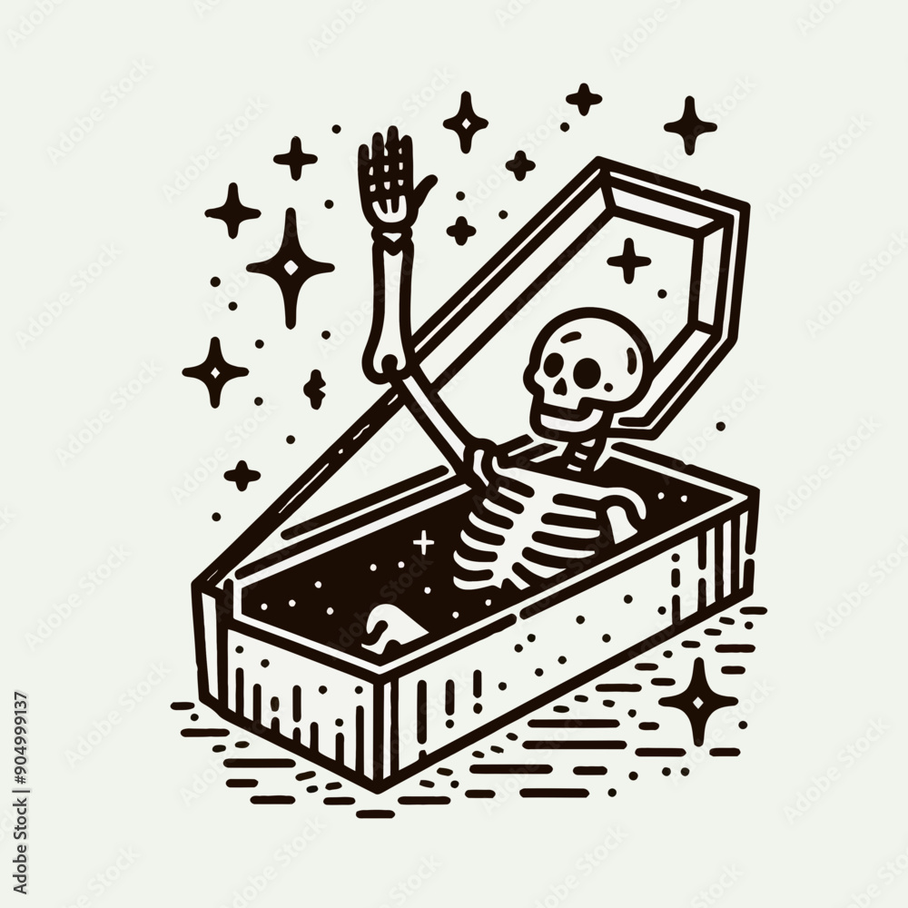 Skeleton popping out of a coffin Silhouette Cute Doodle Cartoon Line ...