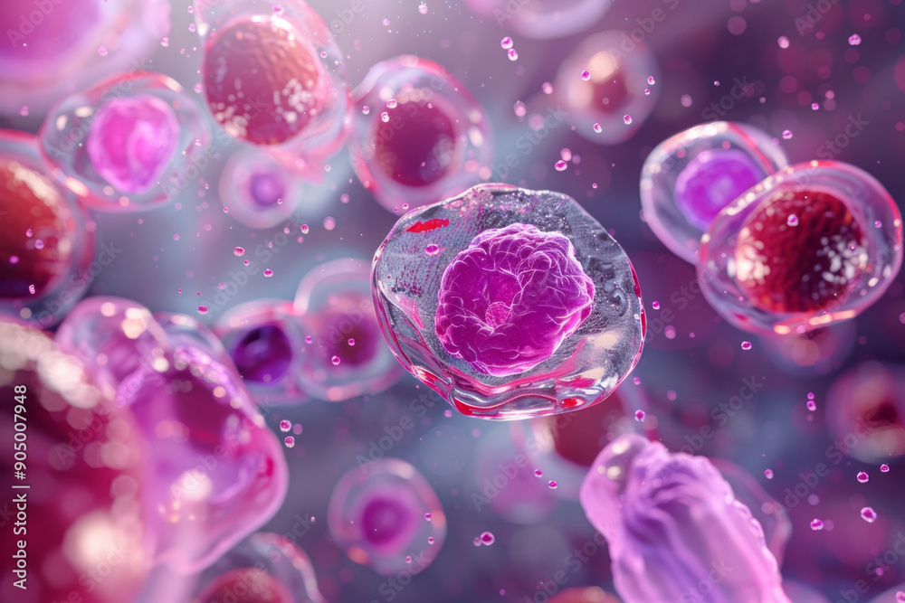 3D depiction of human cells floating in the air with visible cell walls ...