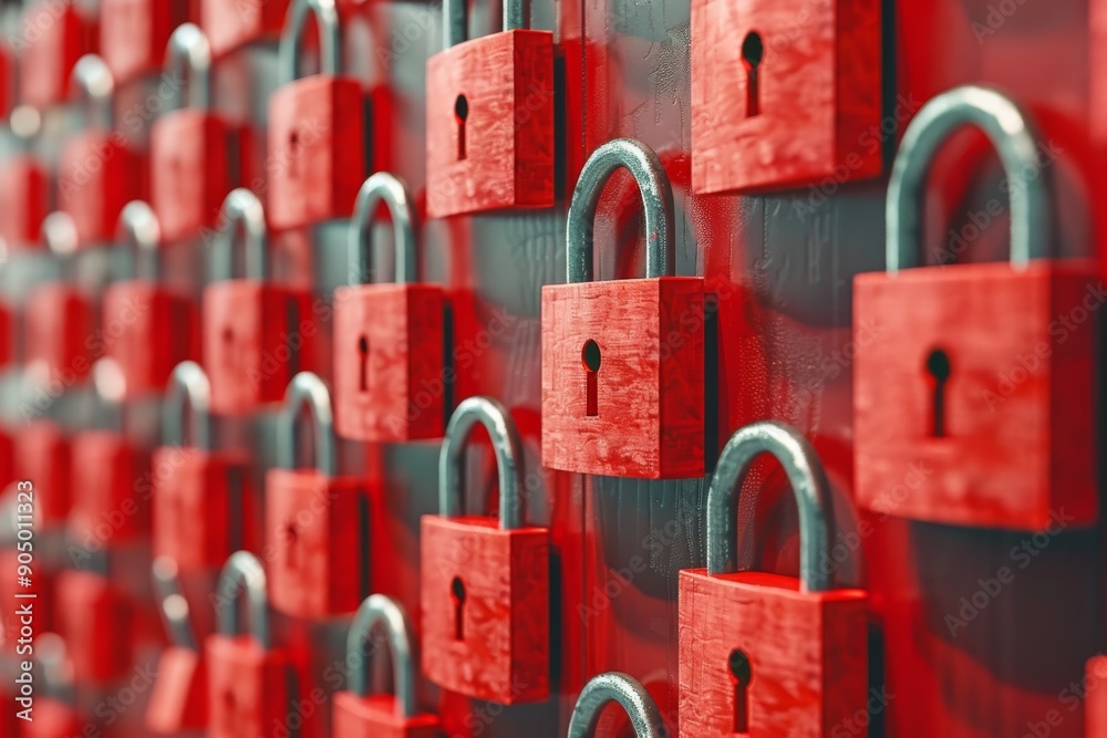 Row of red digital locks, visualizing uniform cybersecurity measures ...
