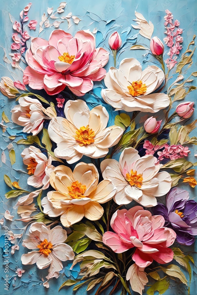 Oil painting of spring flowers on canvas. Beautiful abstract colorful ...