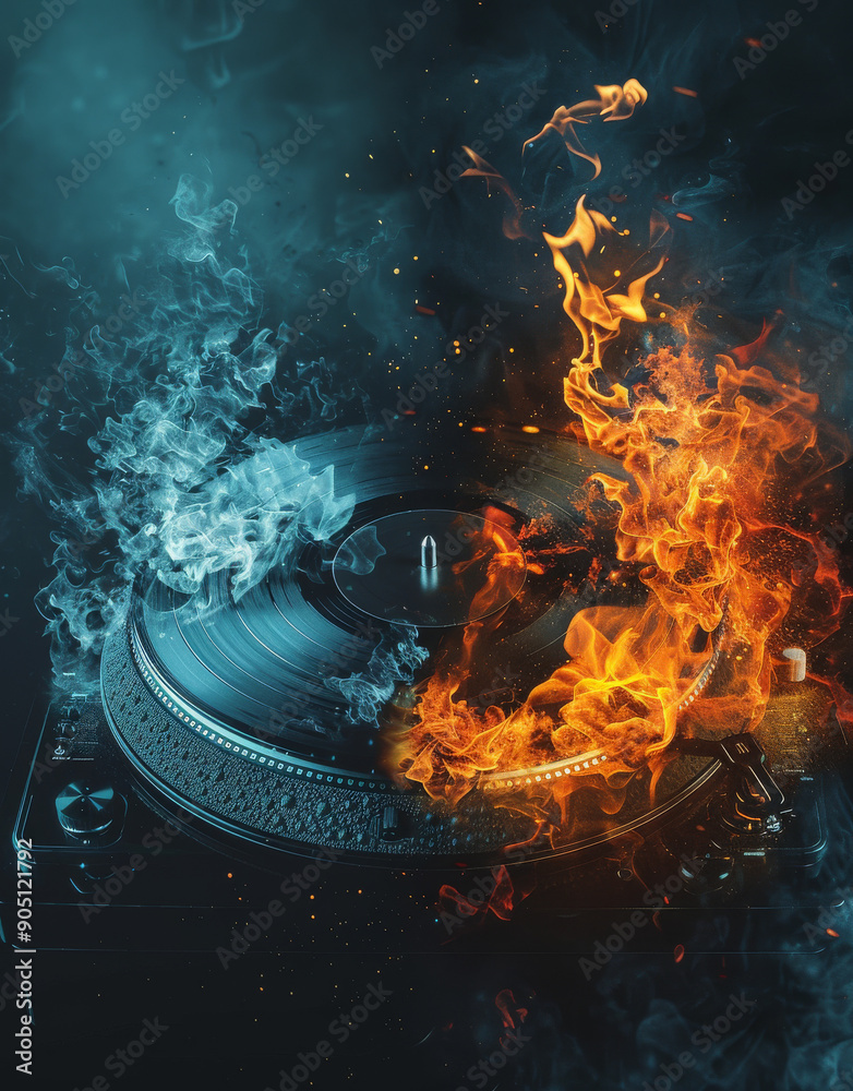 Fire and Water Elements with Turntable, Cover Design Stock Photo ...