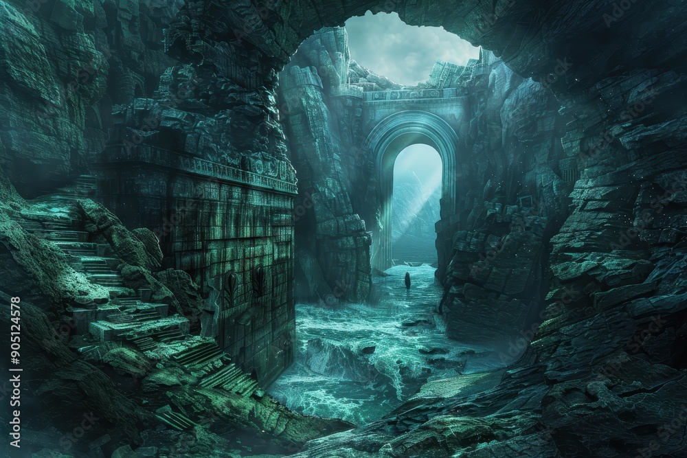 Mysterious underground cavern with overgrown ruins and a glowing river ...