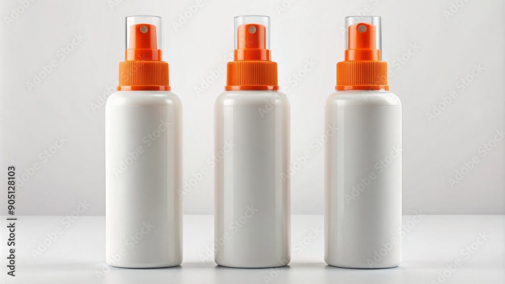 Three identical white plastic bottles with vibrant orange caps, one ...