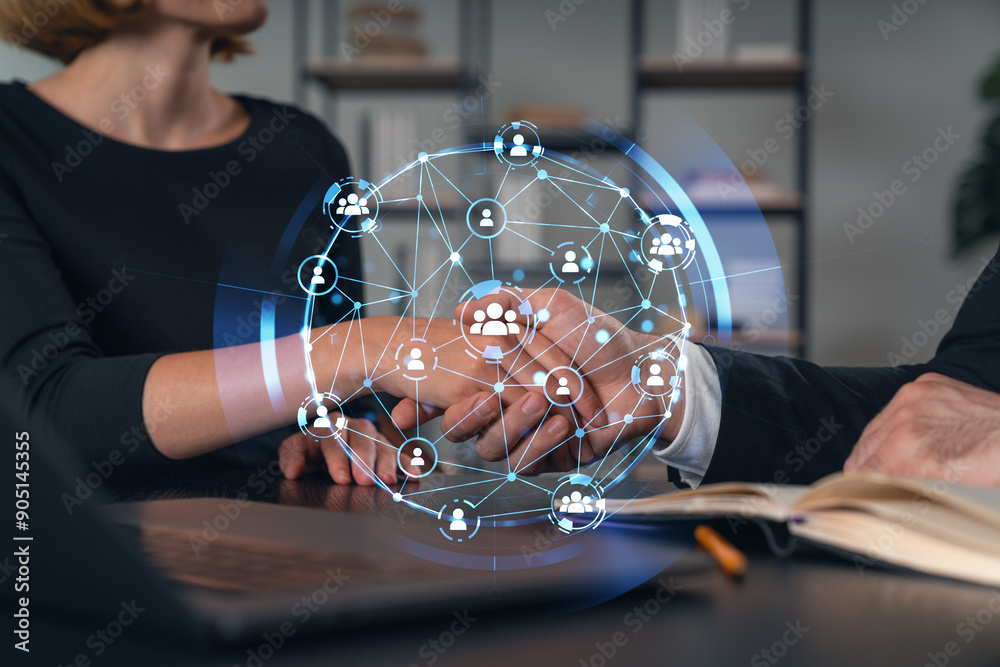Business handshake with digital network overlay in office setting ...