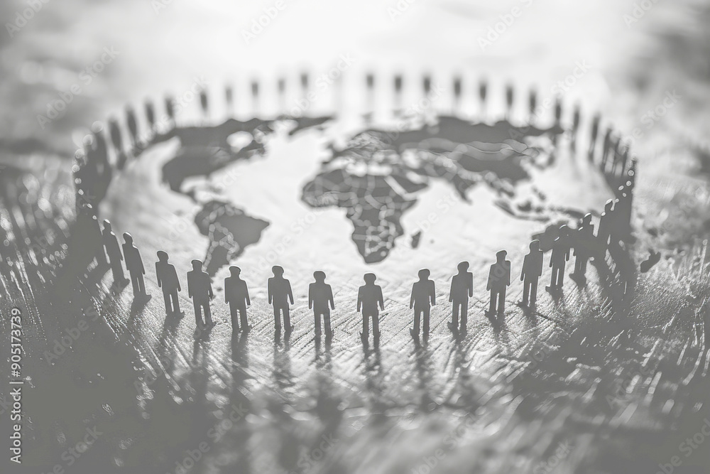 People standing around world map showing global awareness Stock Photo ...