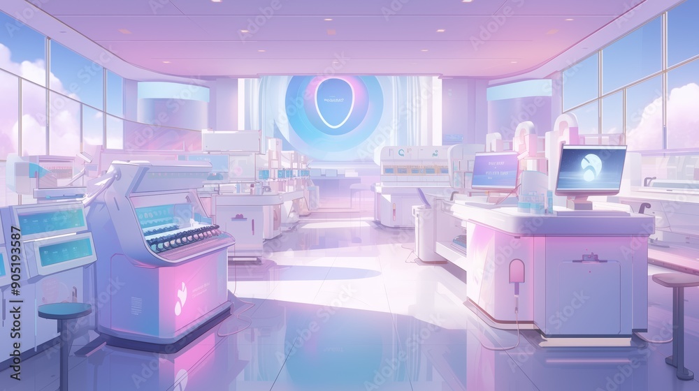 A futuristic vision of AI in optometry, with pastel-themed diagnostic machines, virtual reality ...