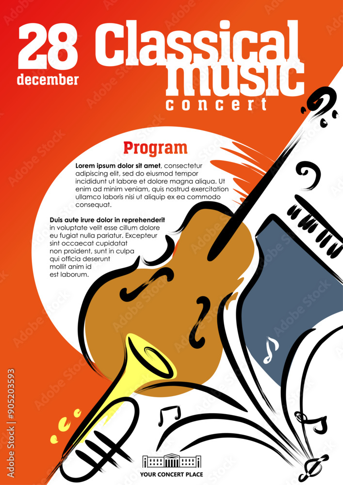 Classical music concert, festival, event poster template design. Hand ...