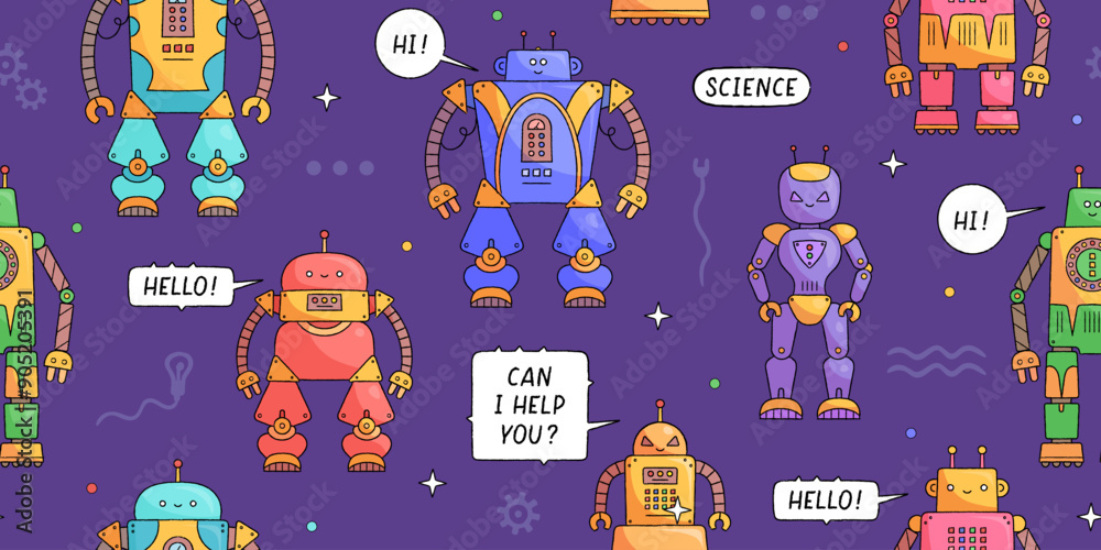Seamless pattern with colorful cute kids robots and droids. Robot toys ...