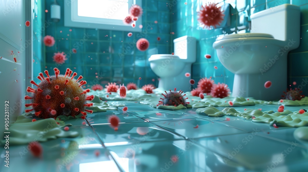 A bathroom with viruses spreading on the floor, creating an unhygienic ...
