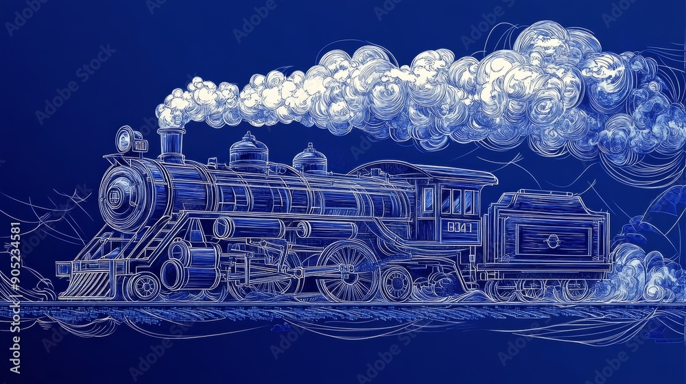 A detailed blueprint illustration of a vintage steam locomotive ...