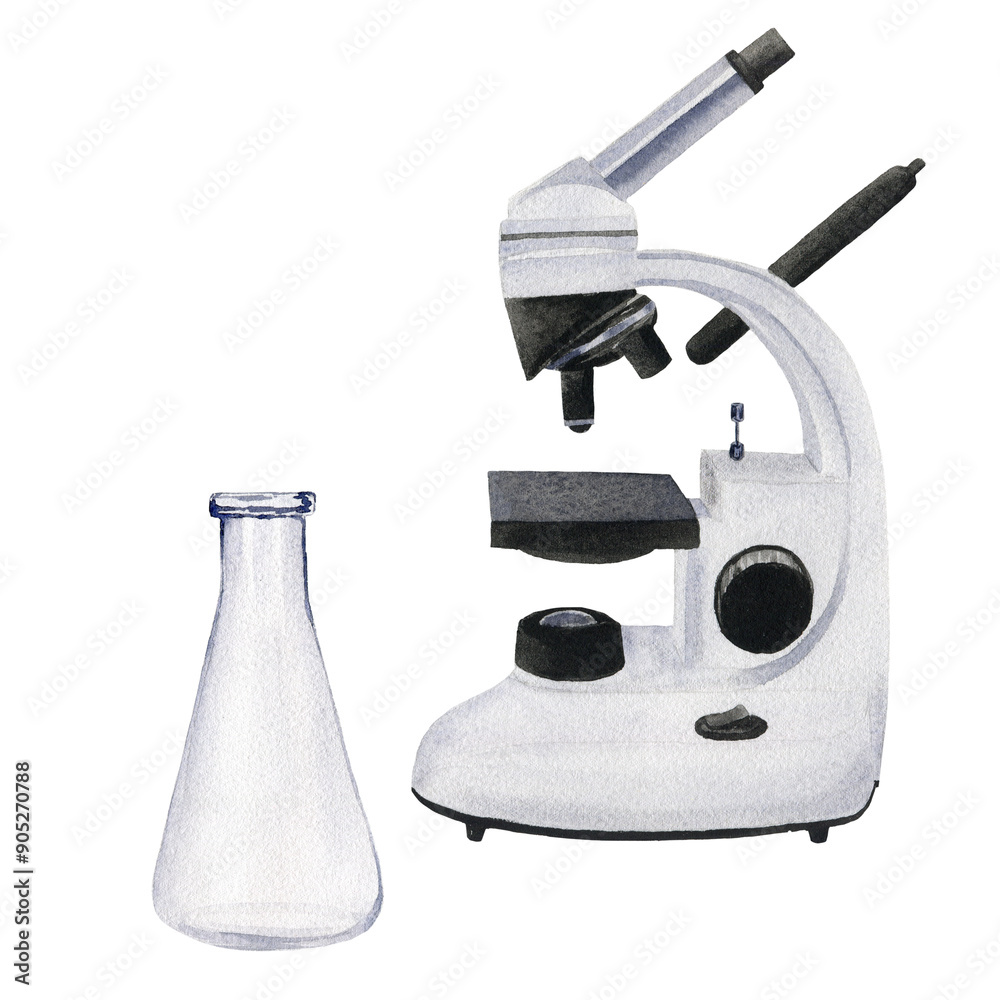 Watercolor microscope and flask. Hand drawn illustration isolated on ...
